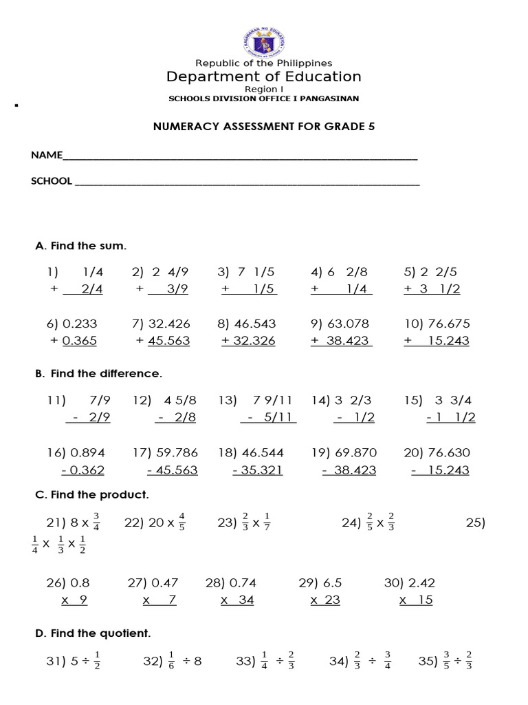 Grade 5 Numeracy Pretest | PDF