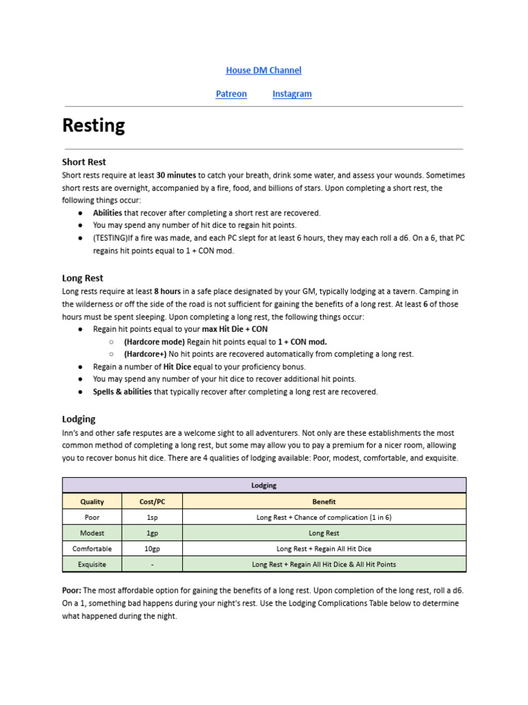 Resting & Lodging (House DM) | PDF