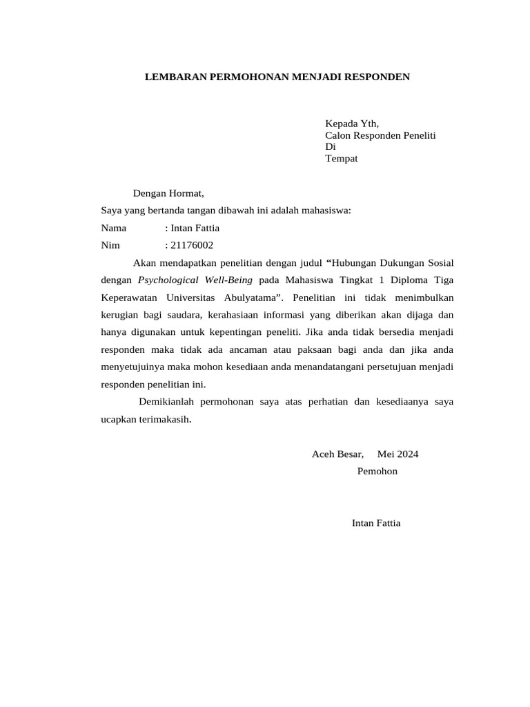 Lembaran Permohonan Menjadi Responden | PDF