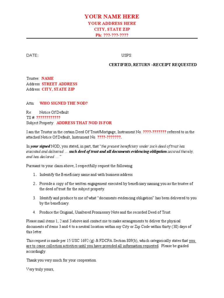 Notice of Default Request Letter | PDF | Finance & Money Management | Law