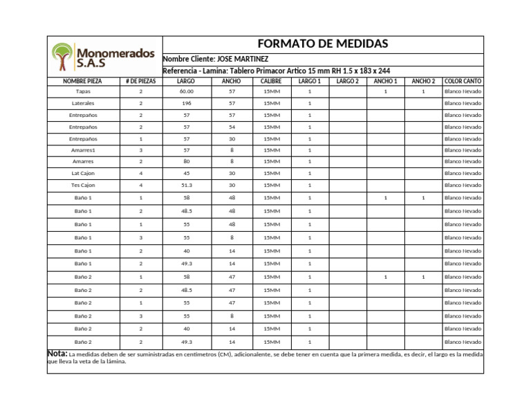 Formato Medidas Blanco RH 15 MM | PDF
