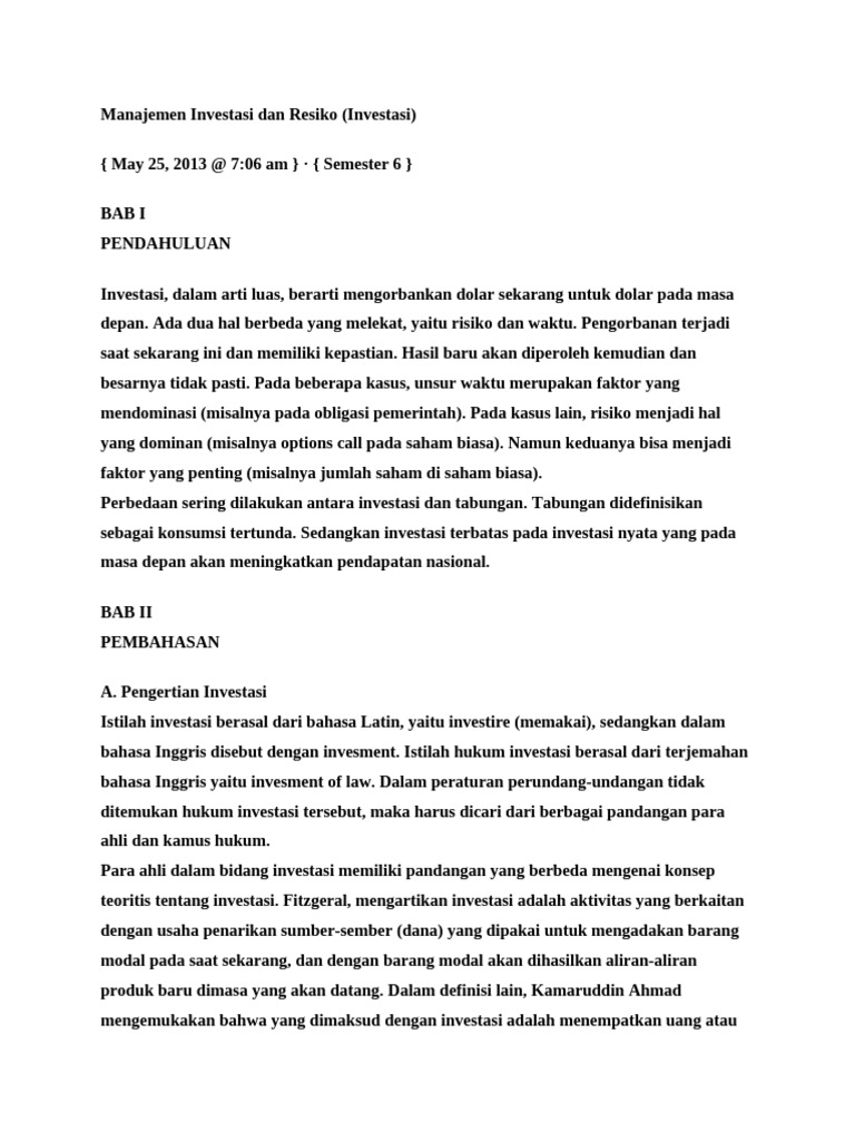 Manajemen Investasi Dan Resiko | PDF