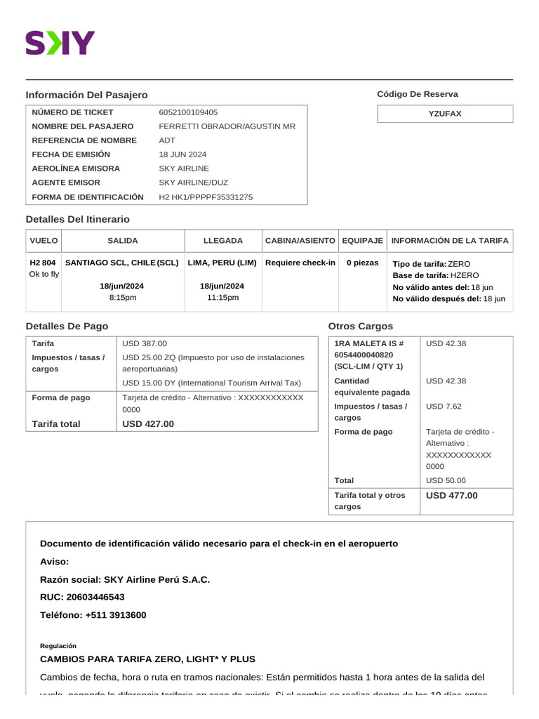 Boleto Aereo Santiago-Lima-Cajamarca-Cajamarca-Lima-Santiago | PDF