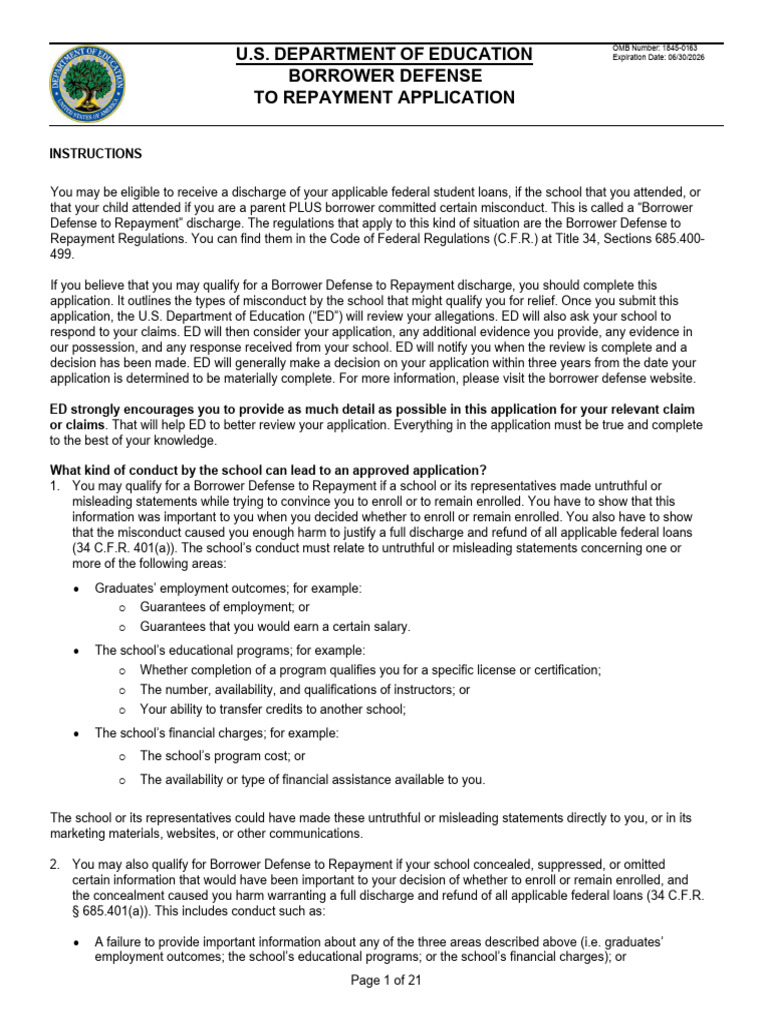 Borrower Defense Repayment Application Guide | PDF | Student Loans In ...
