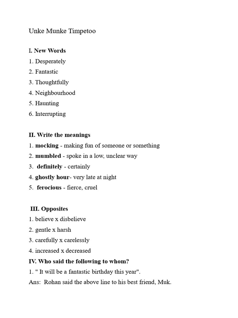Class 4 - English 2 - Unke Munke Timpetoo - 054153 | PDF