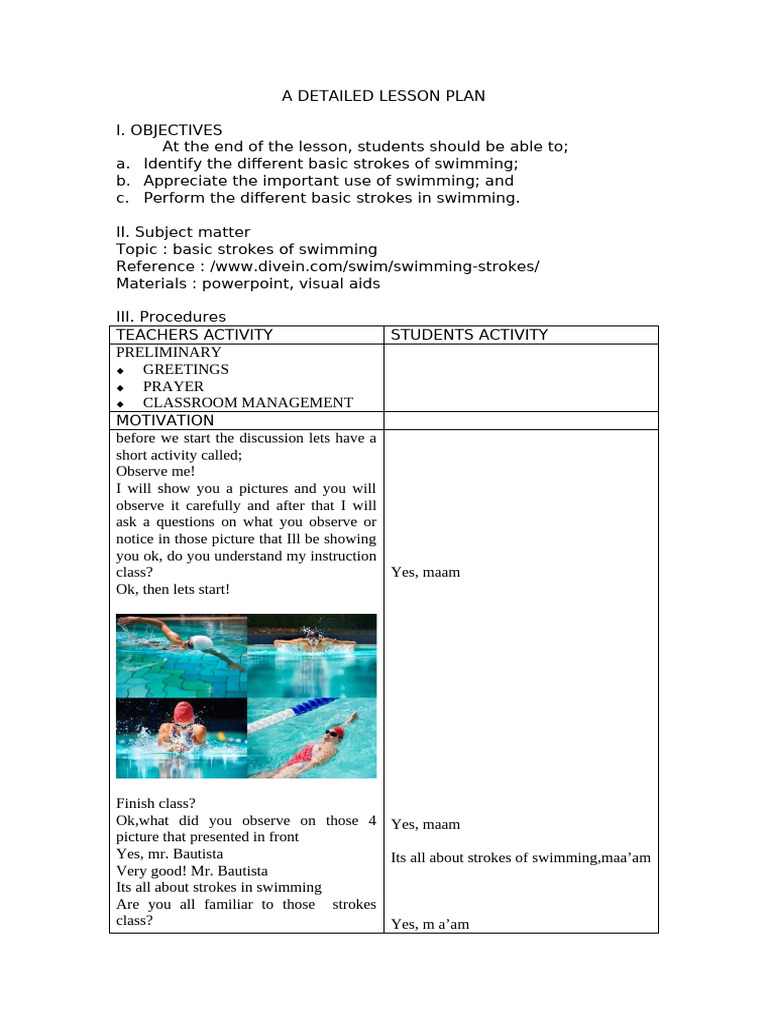 A DETAILED LESSON PLAN Swimming | PDF