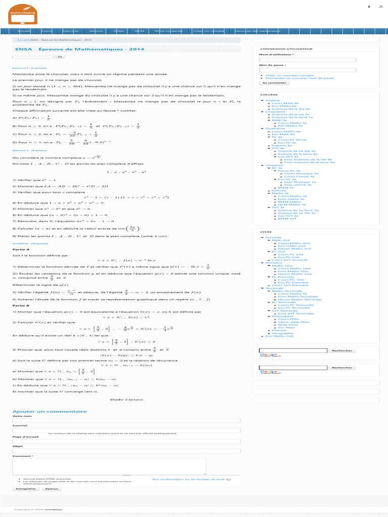 ENSA - Épreuve de Mathématiques - 2014 - Sunudaara | PDF