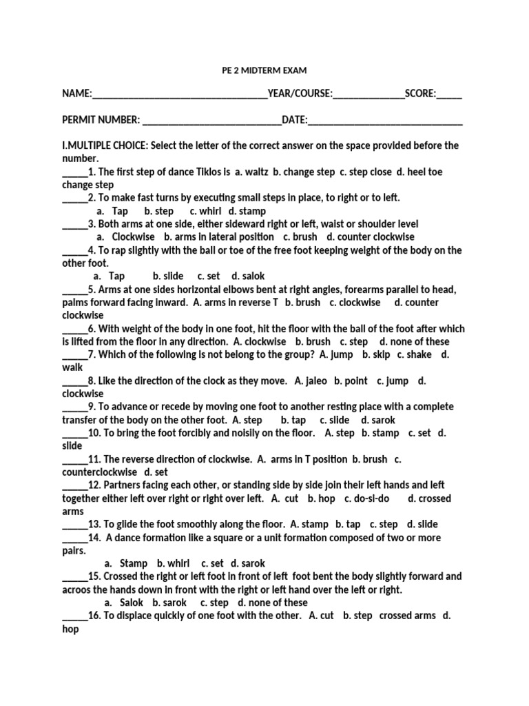 Pe 2 Midterm Exam | PDF