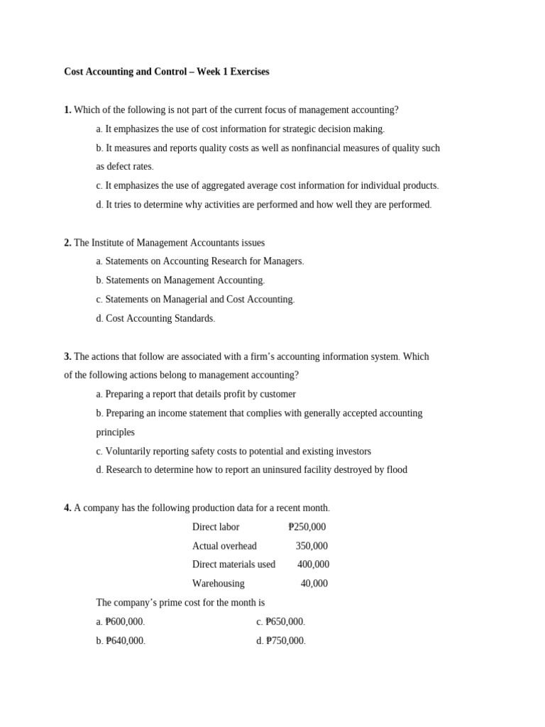 Cost Accounting and Control Week 1 Exercises | PDF
