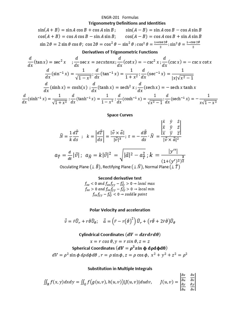 ENGR-201 Formula Sheet | PDF | Elementary Mathematics | Teaching Methods & Materials