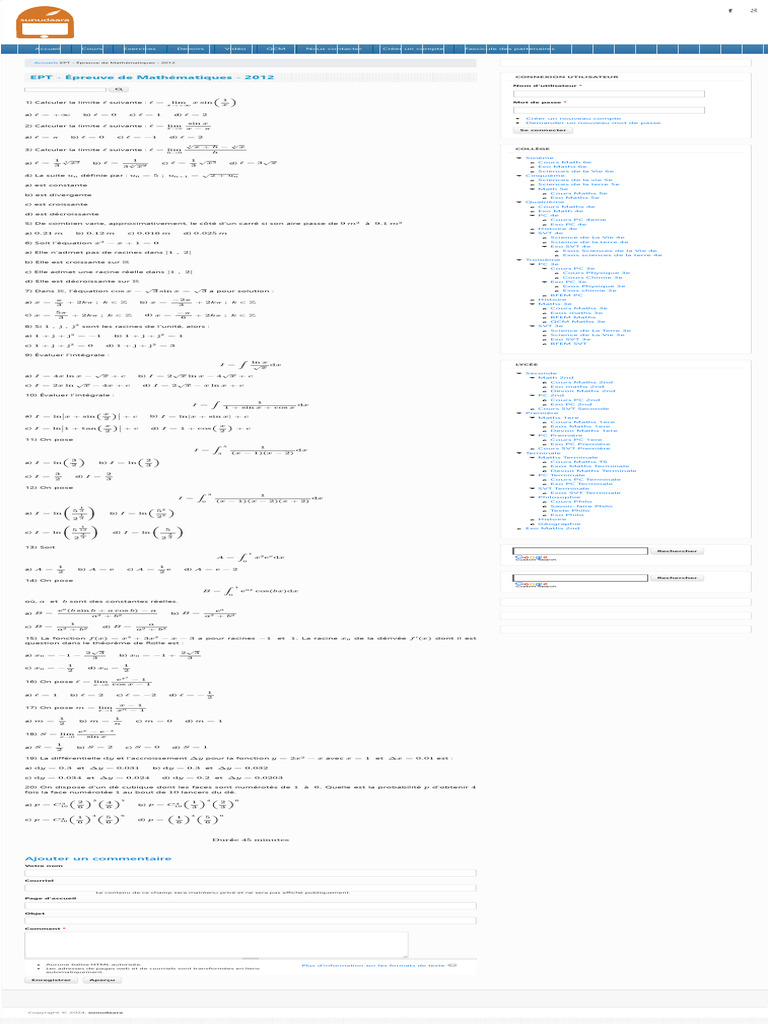EPT - Épreuve de Mathématiques - 2012 - Sunudaara | PDF