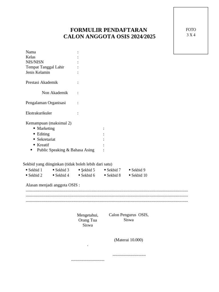 Formulir Pendaftaran Anggota Osis | PDF