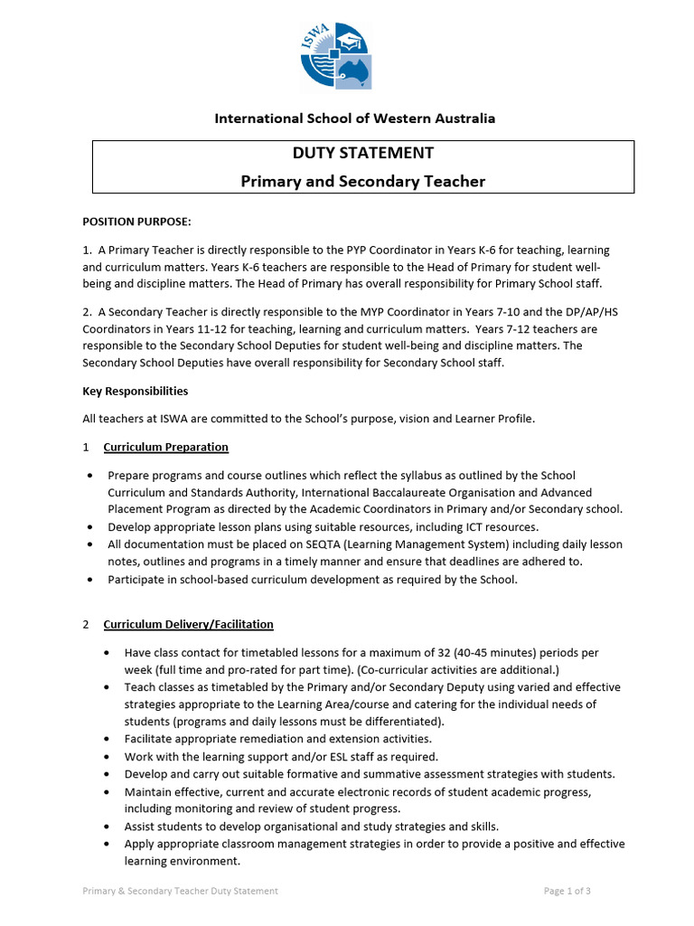 Primary and Secondary Teacher Duty Statement 2019 | PDF