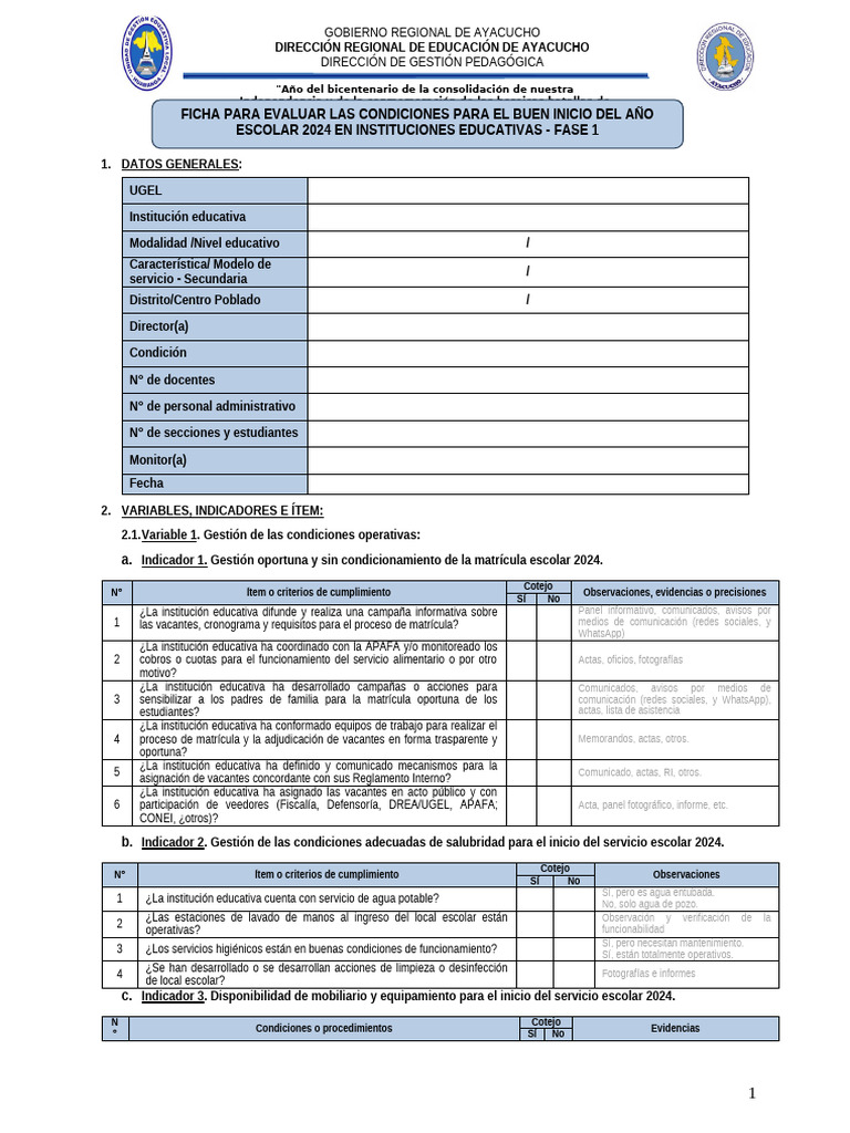 Ficha de Monitoreo Biae 2024 - Fase 1 | PDF