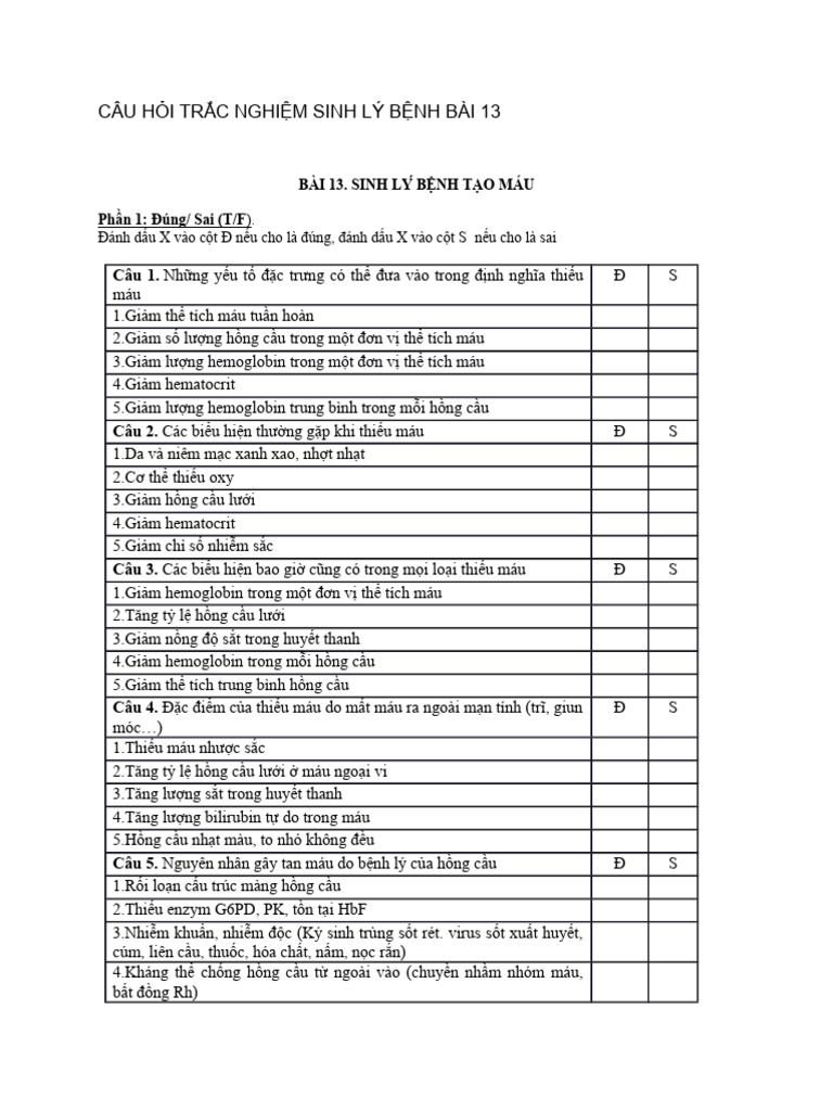 [123doc] Cau Hoi Trac Nghiem Sinh Ly Benh Bai 13 Sinh Ly Benh Tao Mau | PDF