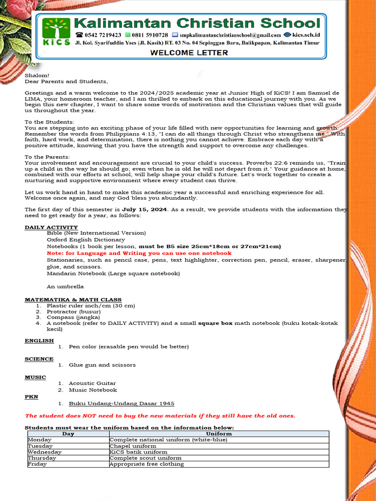 Welcome Letter 2024 - 2025 G7 | PDF