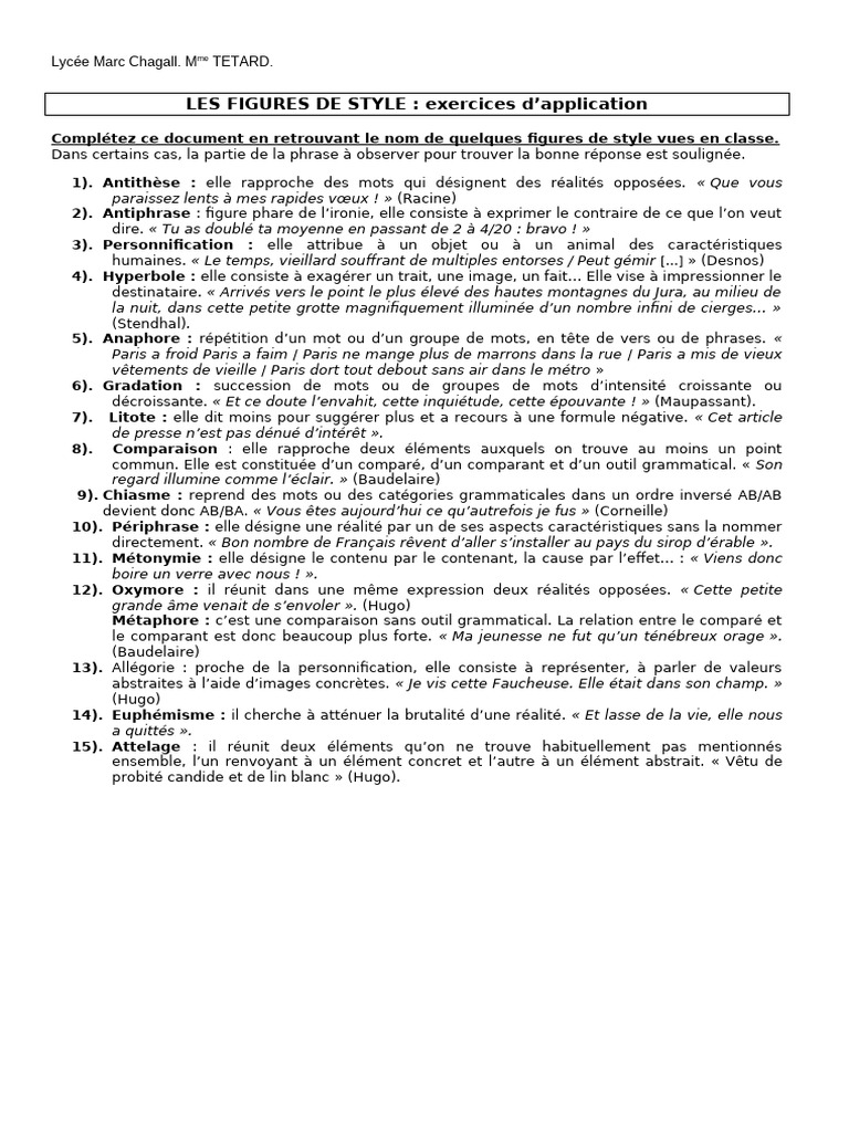 Figures de Style (Exercice D'application Repérage Sans Corrigé 16 Exemples) | PDF