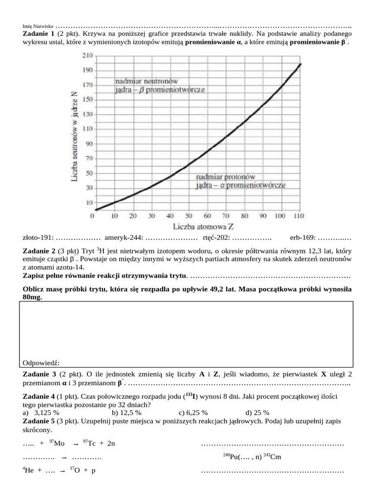 Kartkówka Chemia Jądrowa Klasa 1b Wersja 1 | PDF