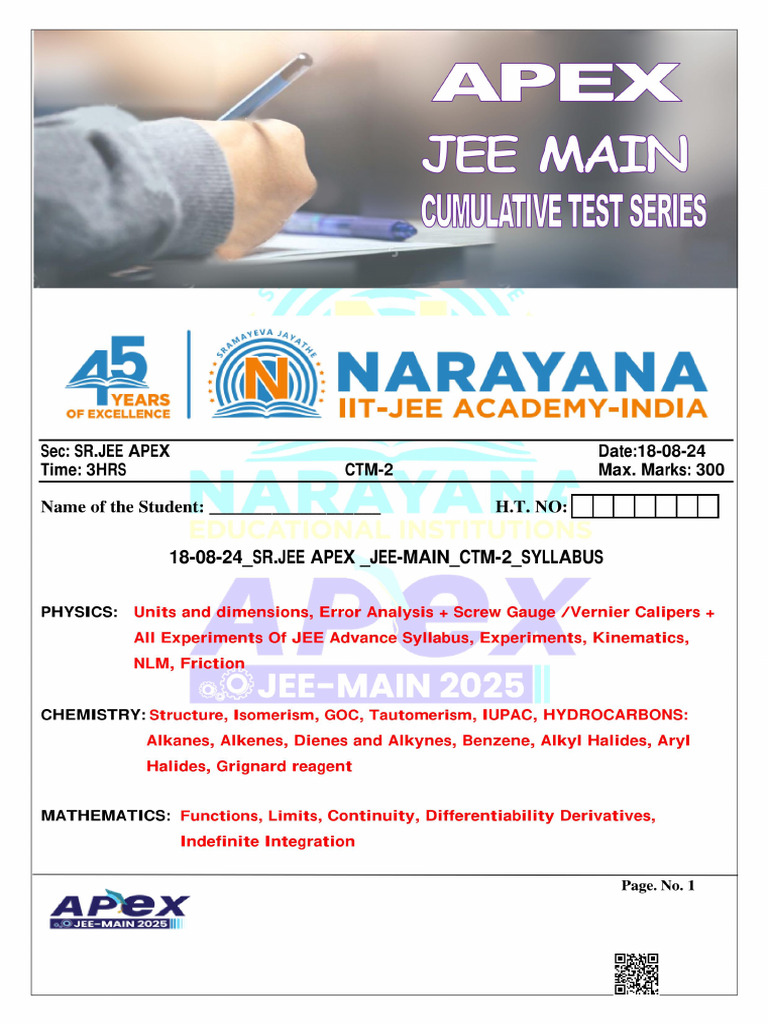 18.08.24 - SR Iit - Jee Apex - Jee Main Model - ctm-2-Qp Final | PDF