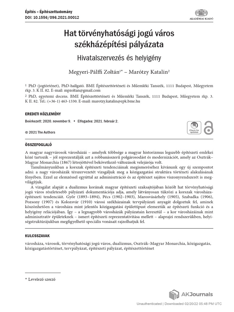 Hat Törvényhatósági Jogú Város Székházépítési Pályázata | PDF