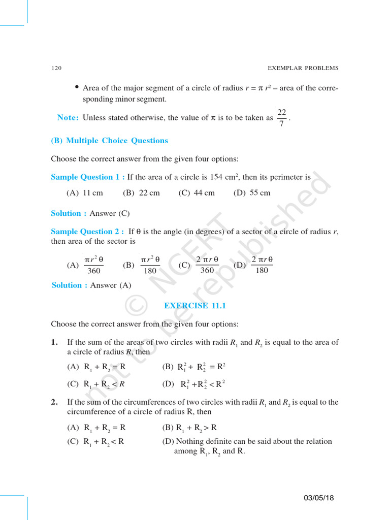 MCQs of AREA RELATED TO CIRCLES | PDF | Area | Teaching Methods & Materials