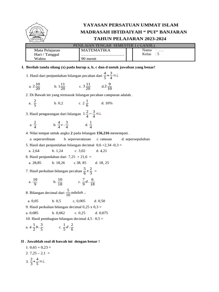 Soal Pts MTK Kls 5, Ganjil | PDF