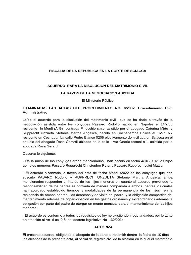 ACTA DE DIVORCIO RODOLFO PASSARO Traducido | PDF | Política | Ciencias ...