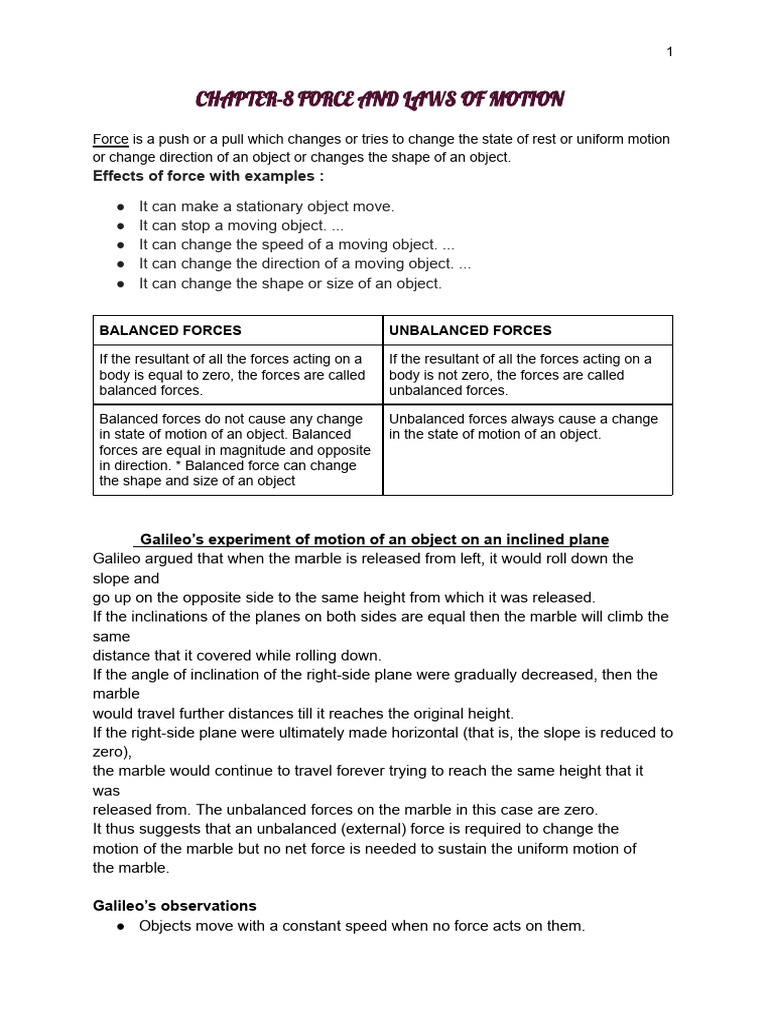 Ncert Science-Force and Law of Motion (Notes-Exercise Solutions) | PDF
