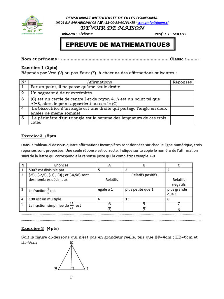 MATHS N°3 6ème | PDF