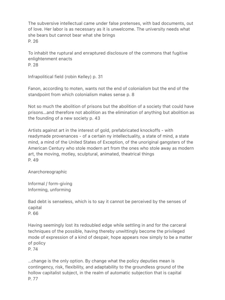 Notes On Fred Moten, The Undercommons | PDF