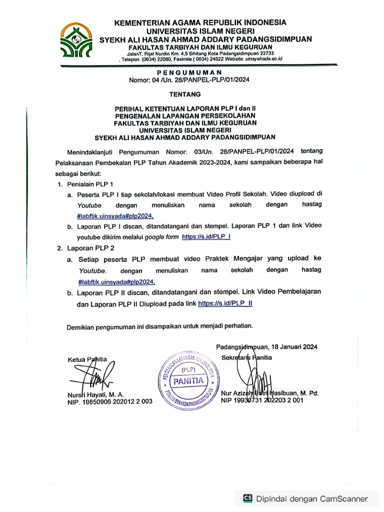 Pengumuman Perihal Laporan PLP I Dan PLP II | PDF