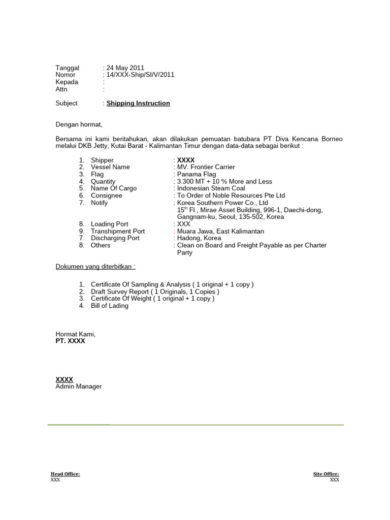 CONTOH SHIPPING INSTRUCTION - MV. 1 | PDF