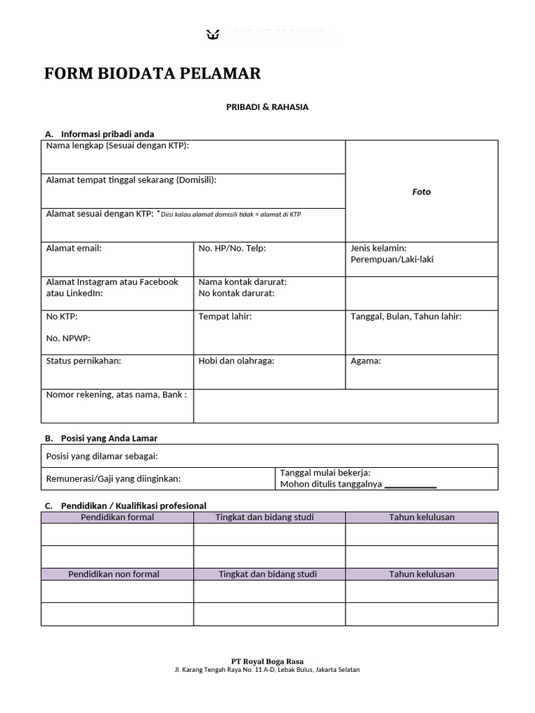Form Biodata Pelamar | PDF