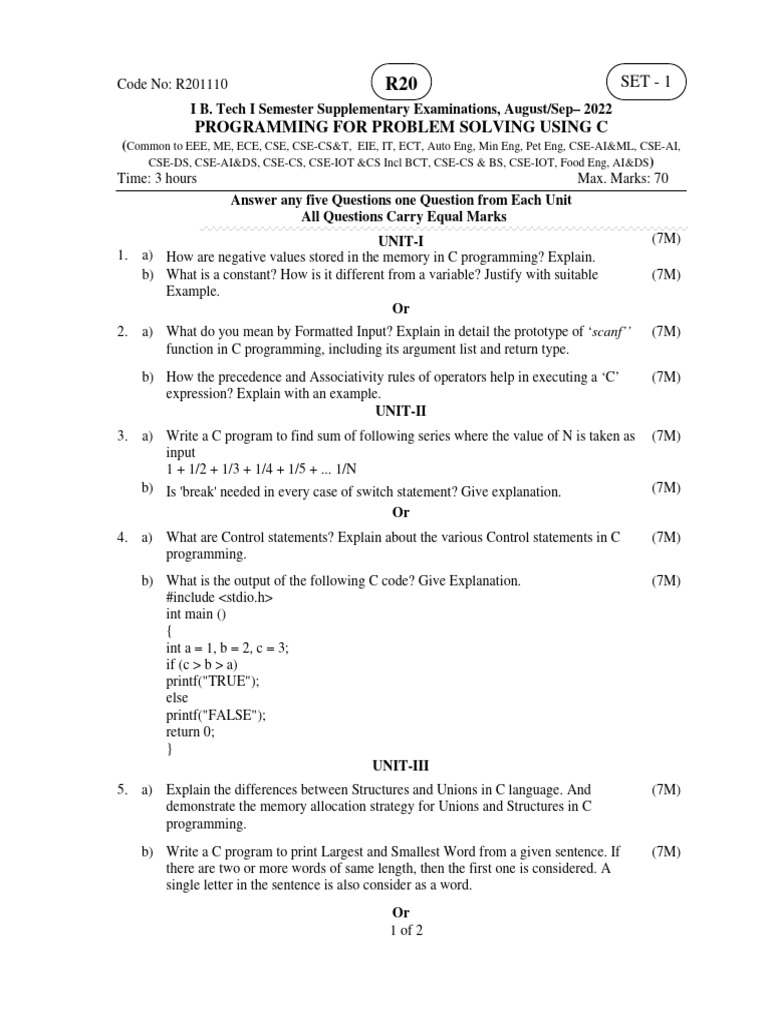 Programming For Problem Solving Using C Aug Sept 2022 | PDF