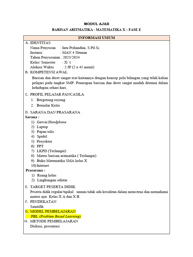 RPP Barisan Aritmatika | PDF