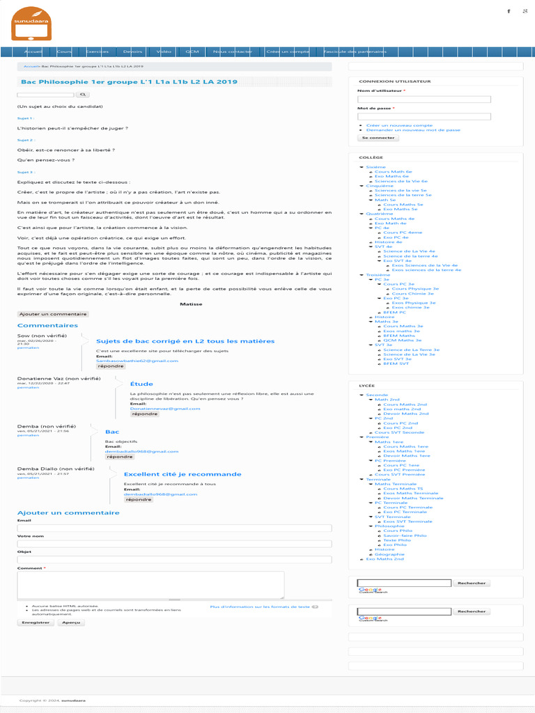 Bac Philosophie 1er Groupe L'1 L1a L1b L2 LA 2019 - Sunudaara | PDF