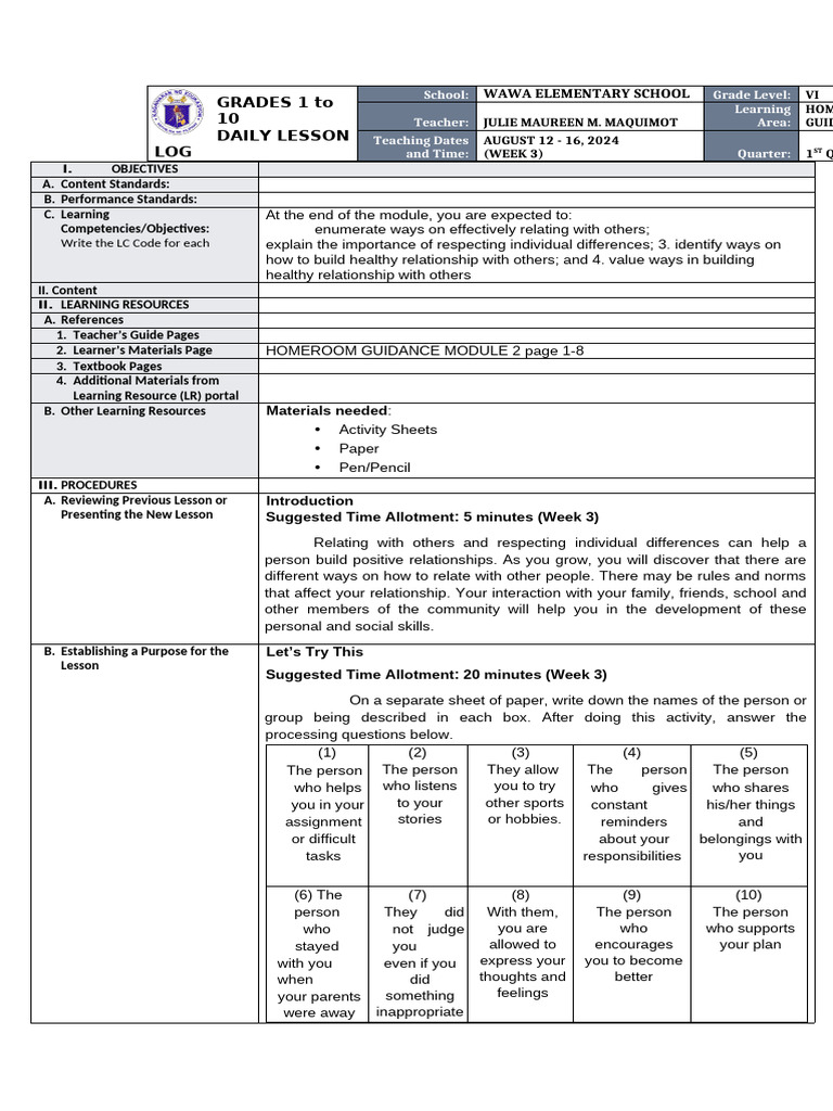 Homeroom Guidance DLL Week 3 | PDF