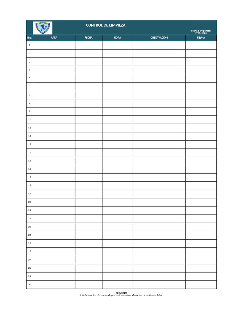 Planilla Control Limpieza | PDF