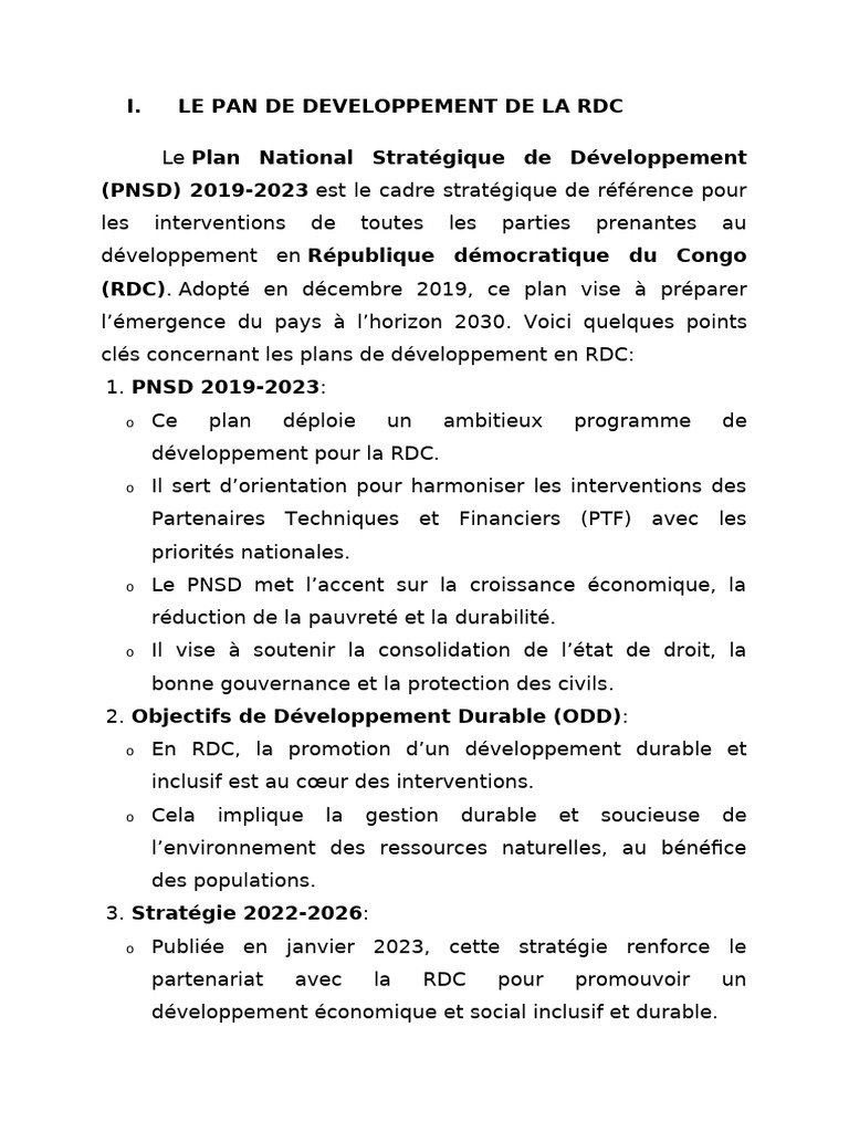 Le Pan de Developpement de La RDC | PDF
