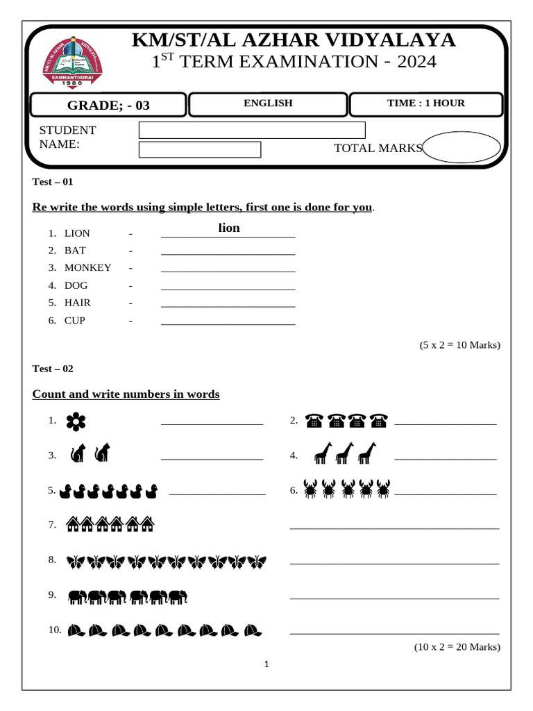 1st Term Examination - 2024 Grade 03 English | PDF