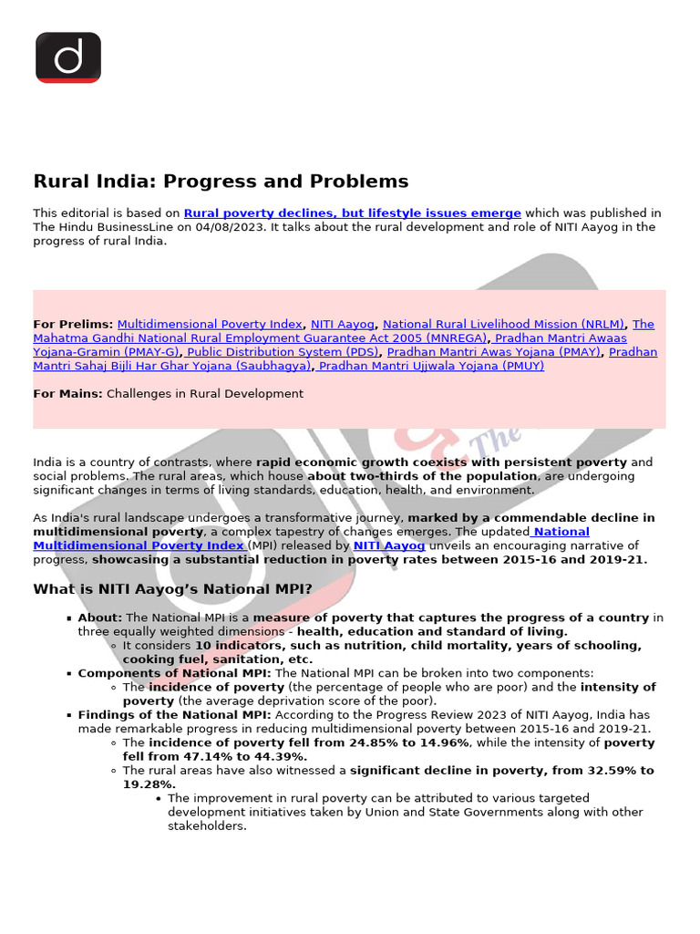 Rural India: Progress and Problems: Rural Poverty Declines, But Lifestyle Issues Emerge | PDF