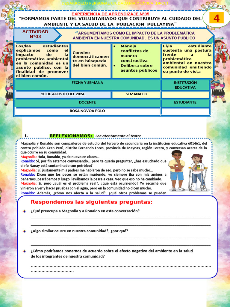 Ficha de Actividades 03 - Cuarto - DPCC - V Unidad | PDF