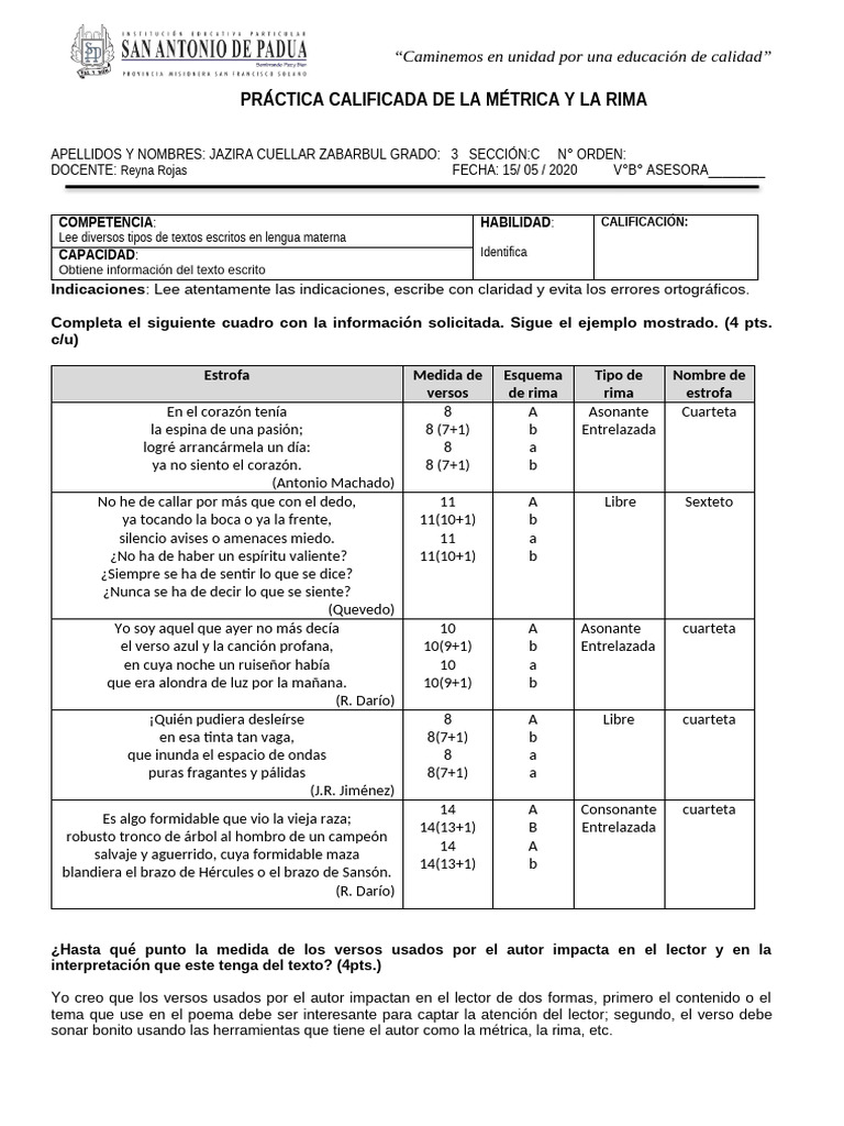 Practica de Metrica y Rima 2 | PDF | Metro (poesía) | Rima