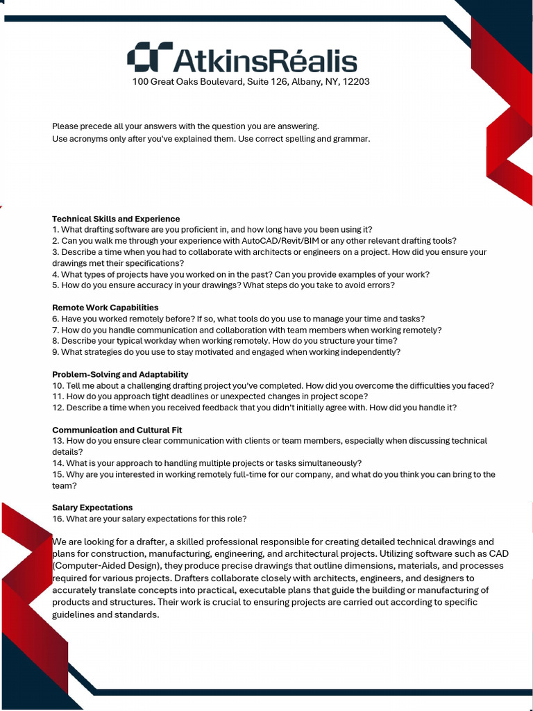 AtkinsRéalis Remote Interview Questions Drafter Role | PDF