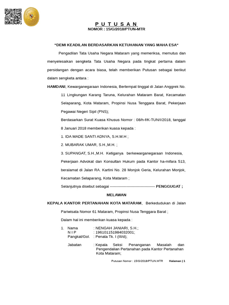Putusan 15 G 2018 Ptun - MTR 20240726204442 | PDF
