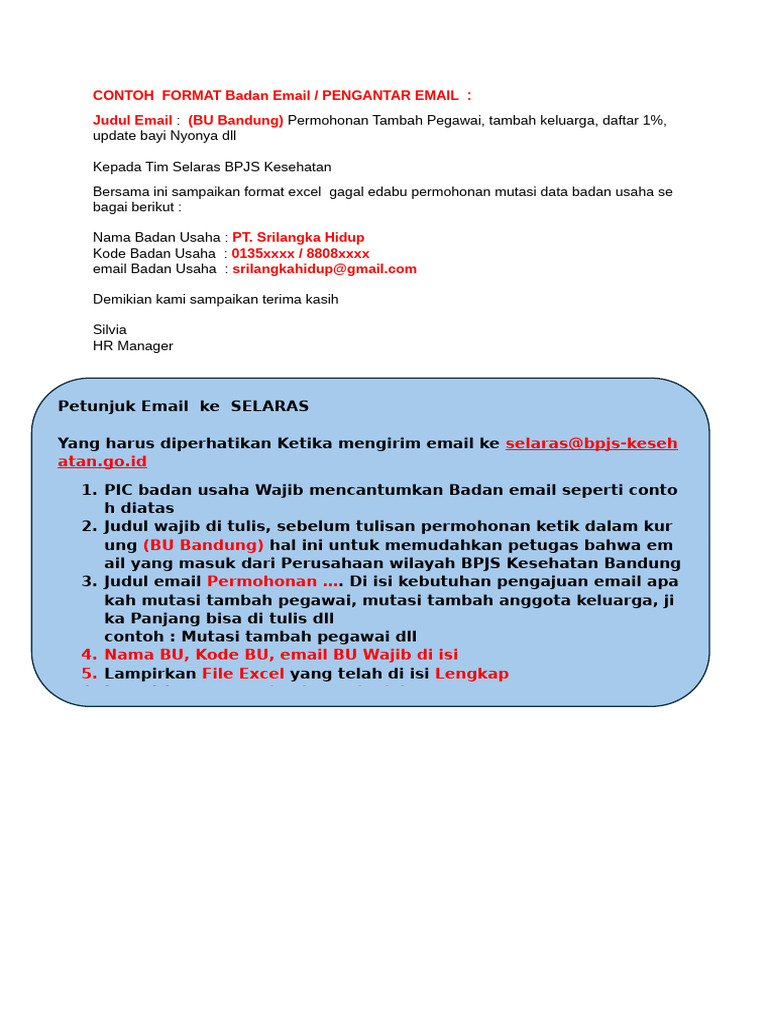 CONTOH FORMAT Badan Email Pengurusan BPJS KEsehatan | PDF