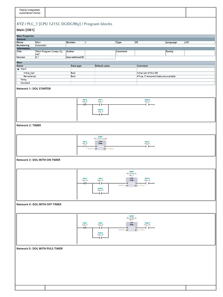 XYZ / PLC - 1 (CPU 1215C DC/DC/Rly) / Program Blocks: Main (OB1) | PDF