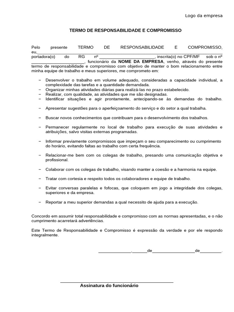 Termo de Responsabilidade Modelo | PDF