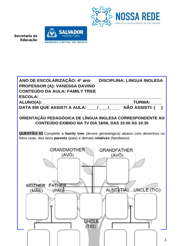 4 - Ano - Lingua Inglesa - Family Tree - 14 A 18 de Junho | PDF