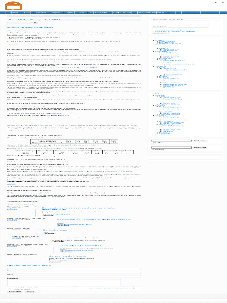 Bac HG 1er Groupe S, L 2012 - Sunudaara | PDF